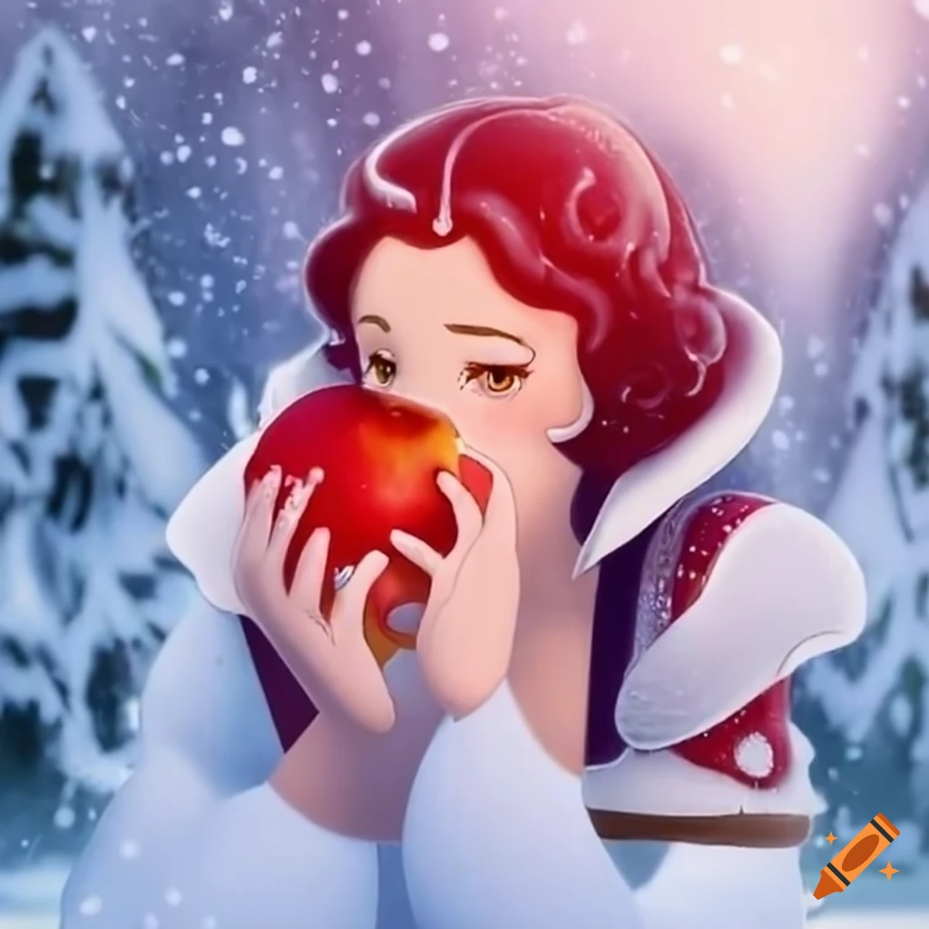 Snow white with red apple at winter castle
