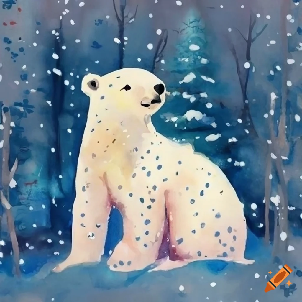 Watercolor christmas card of a cute polar bear in winter forest on Craiyon