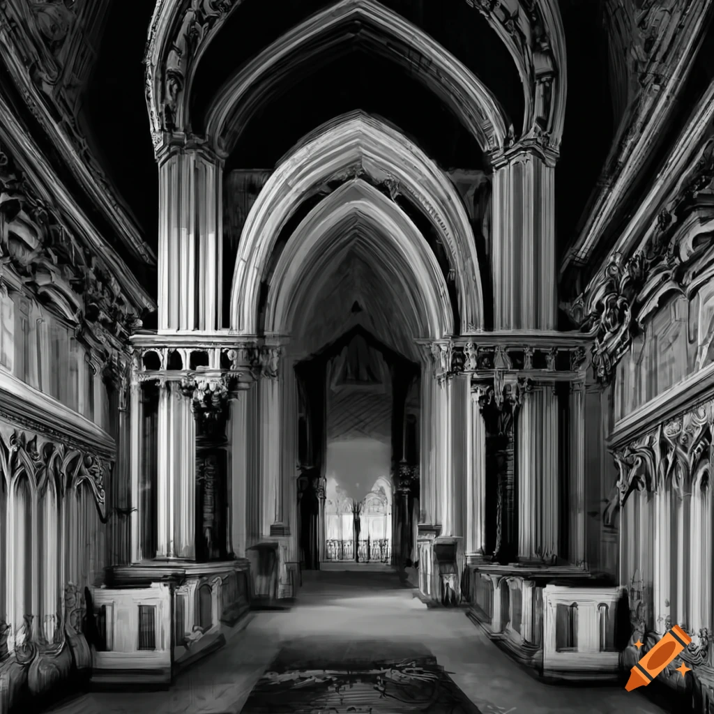 Impressive black and white concept art of a palace entrance on Craiyon