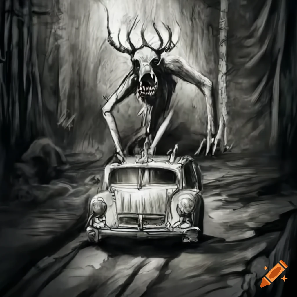 Illustration of a wendigo chasing a vintage car