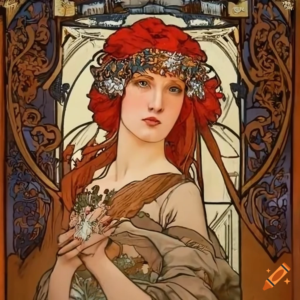 Alfonso mucha style redhead woman kneeling and praying on Craiyon