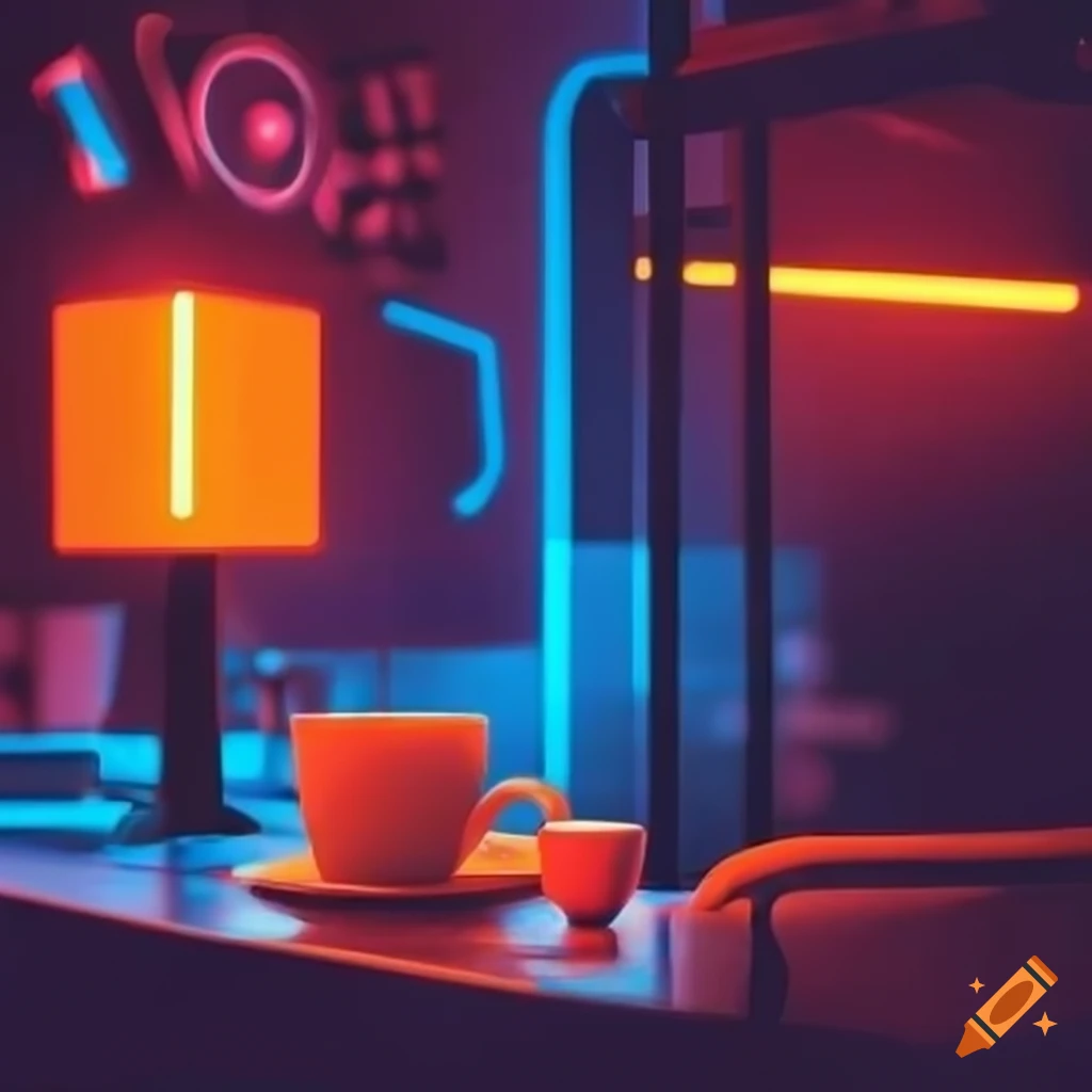 Gamer in a hi-tech coffee shop with neon lights on Craiyon