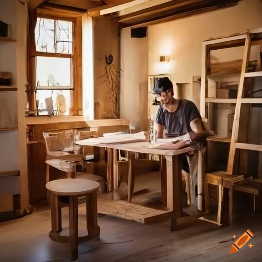 Serene ambiance inside a small furniture workshop on Craiyon