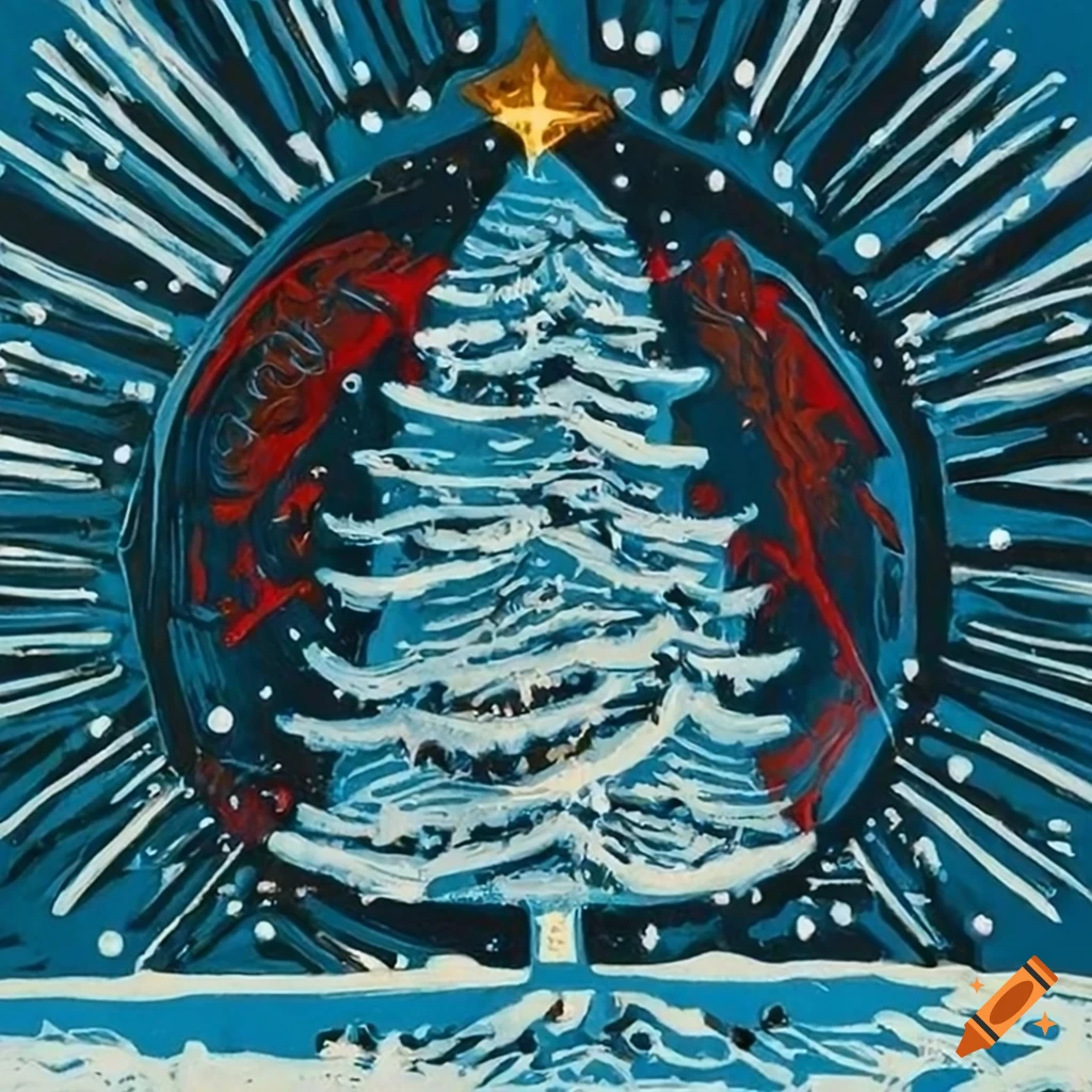 Color linocut of a decorated Christmas tree in a winter wonderland on ...