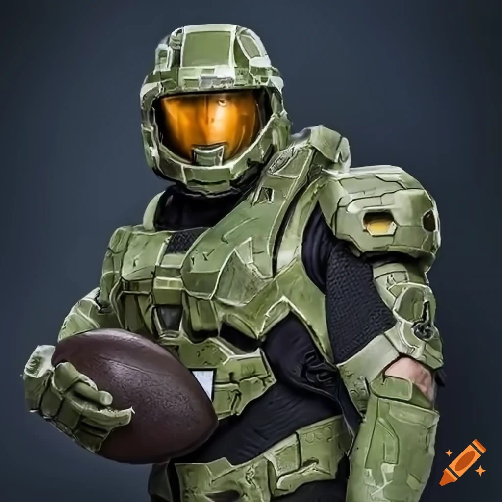 Realistic portrayal of Master Chief holding a football on Craiyon