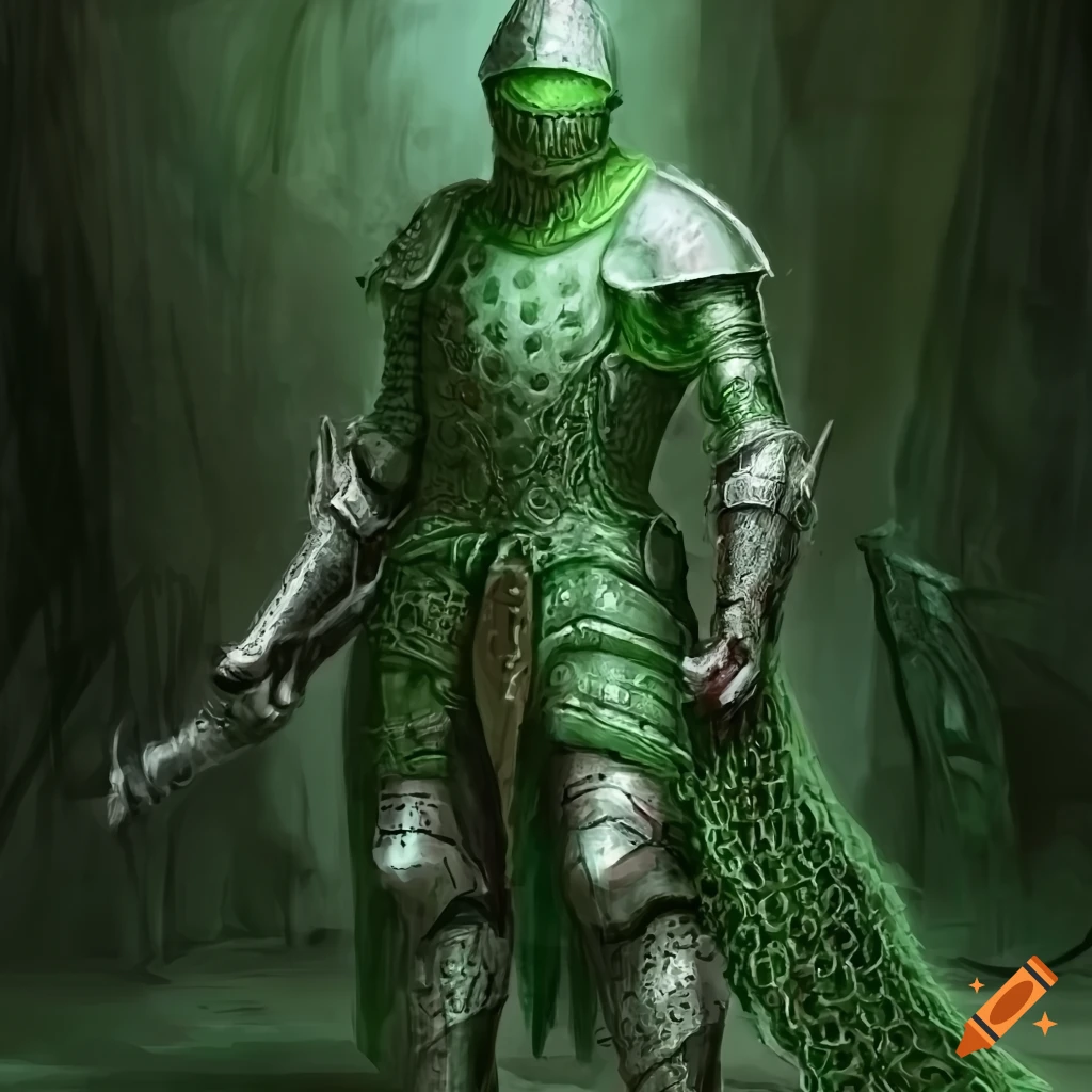 Image of a green plasmoid warrior in chainmail armor on Craiyon