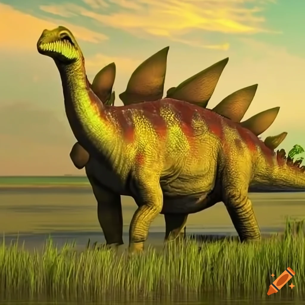 Image of a giant yellow stegosaurus in a swamp