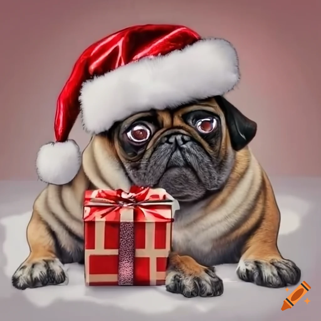 Festive pug dog devouring presents