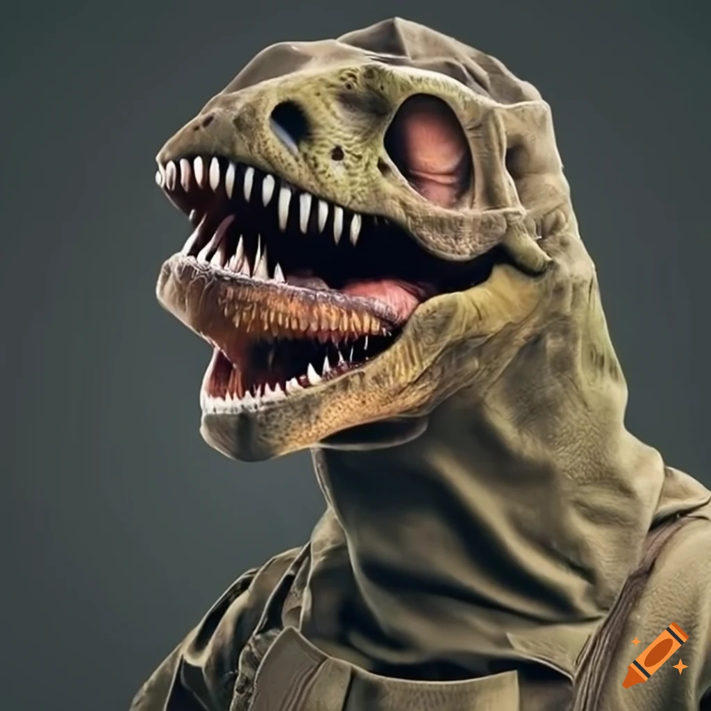 Roaring cyborg dinosaur terminator with laser eyes on a smoky ...