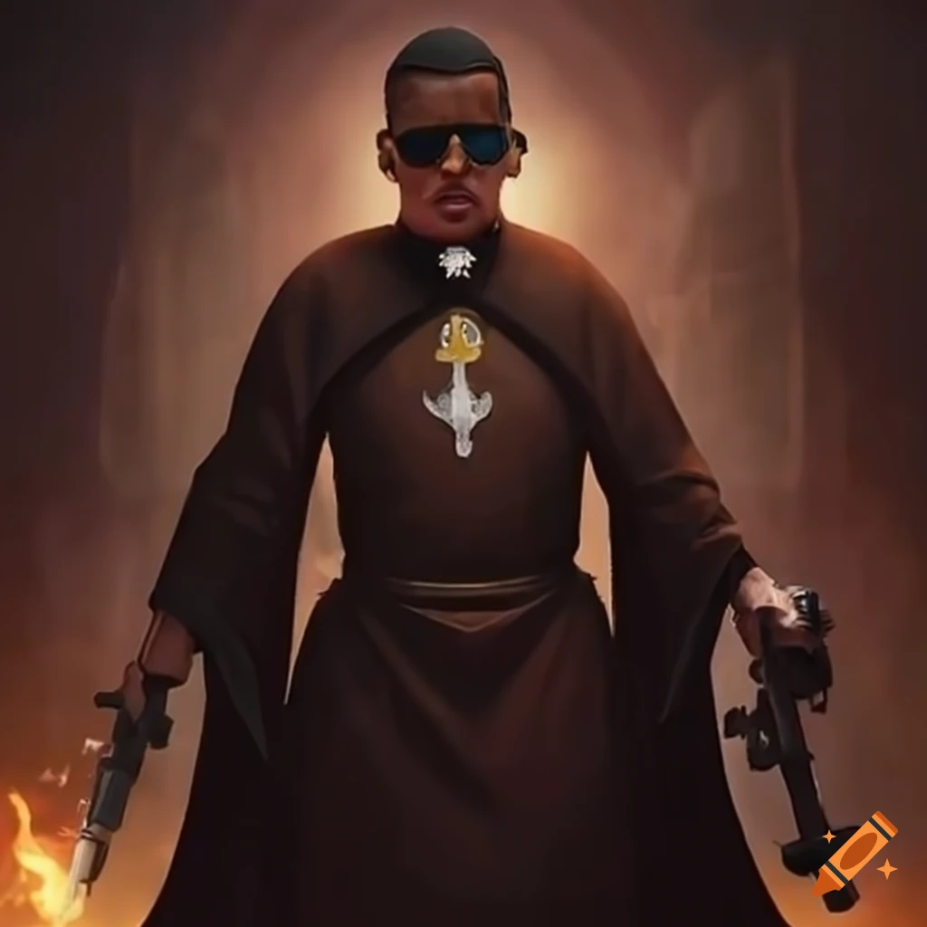 Image of a priest with sunglasses and revolvers on Craiyon