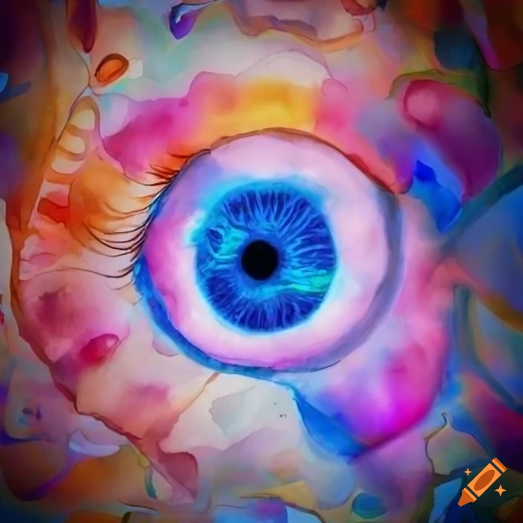 Watercolour abstract of an eye merging with digital technology on Craiyon