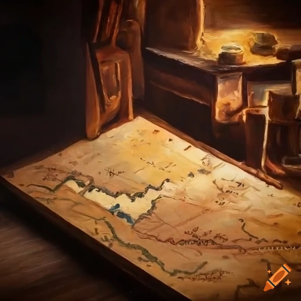Oil painting of a medieval wooden table with a city map
