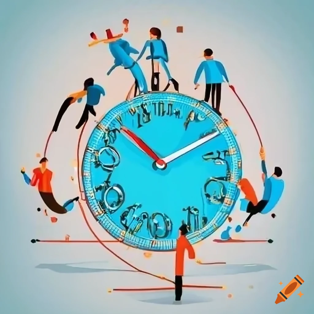 Group of people connecting network wire to a clock on Craiyon