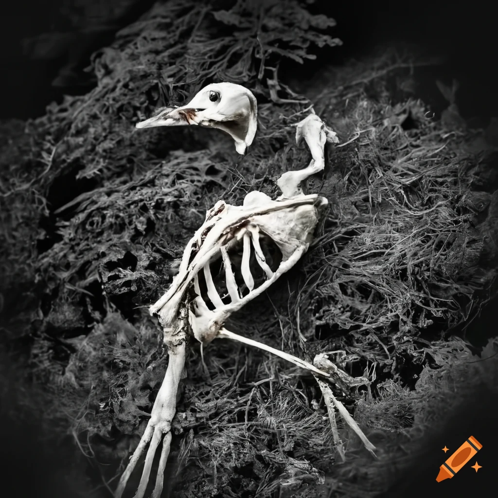 Monochrome photo of a bird skeleton in moss on Craiyon