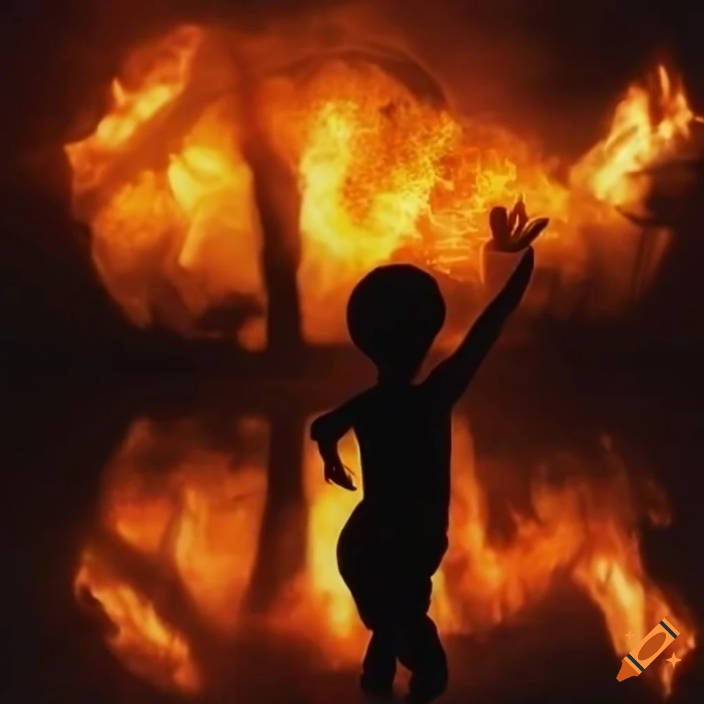 Dreamy image of children dancing around a fire on an island