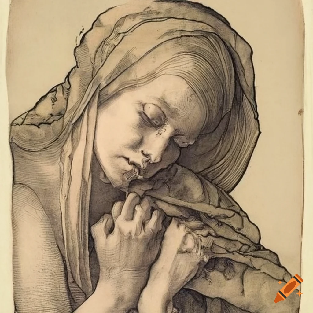 Woodcut art of a woman in drapery