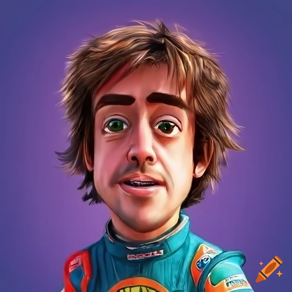 Ilustración de un chico con Fernando Alonso y coches de Fórmula 1 on Craiyon