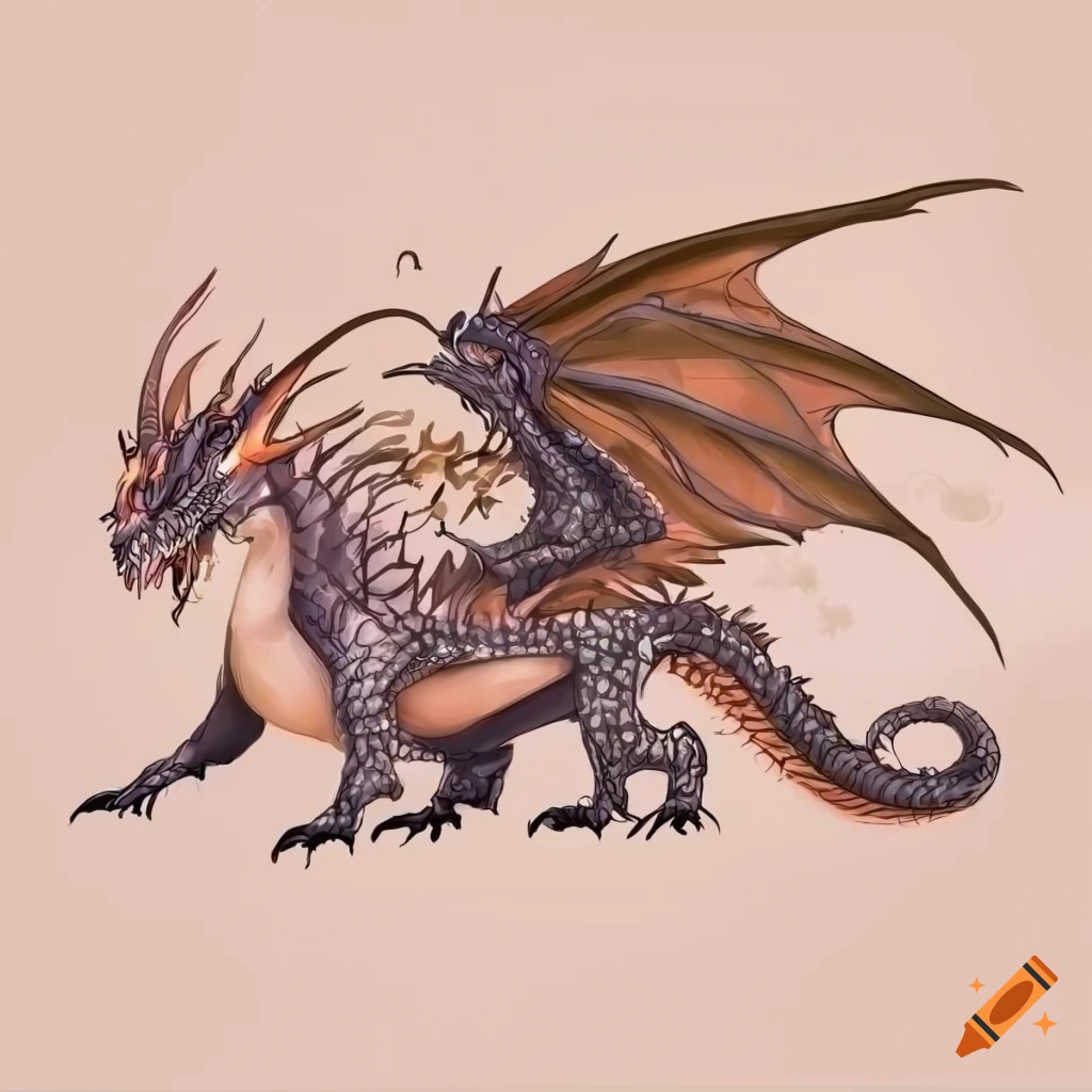 Side view illustration of a detailed dragon with wings on Craiyon