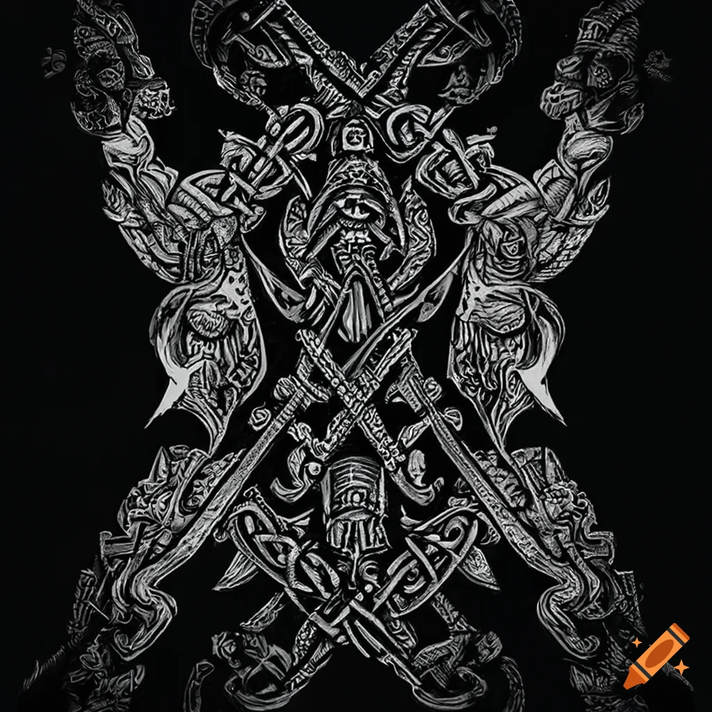 Black and white viking pattern with animals and weapons on Craiyon