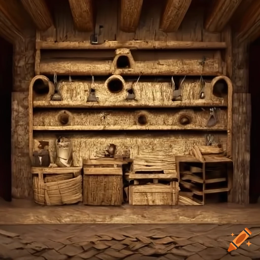 Bright interior of a medieval general store with a game-like atmosphere ...