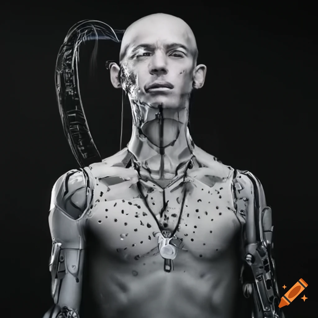 Portrait of futuristic male cyborg with unique features and glass-like ...