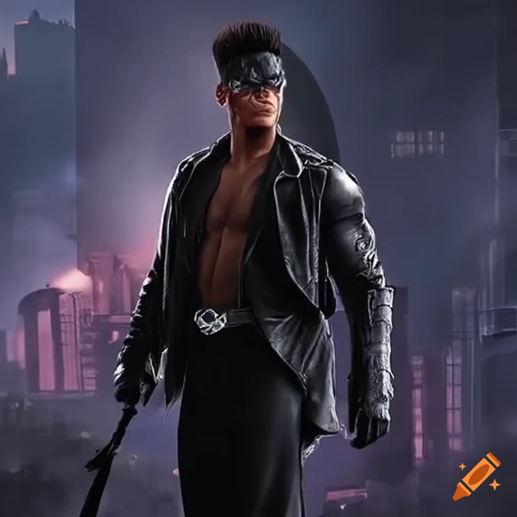 Image of 80s-inspired action hero in black costume