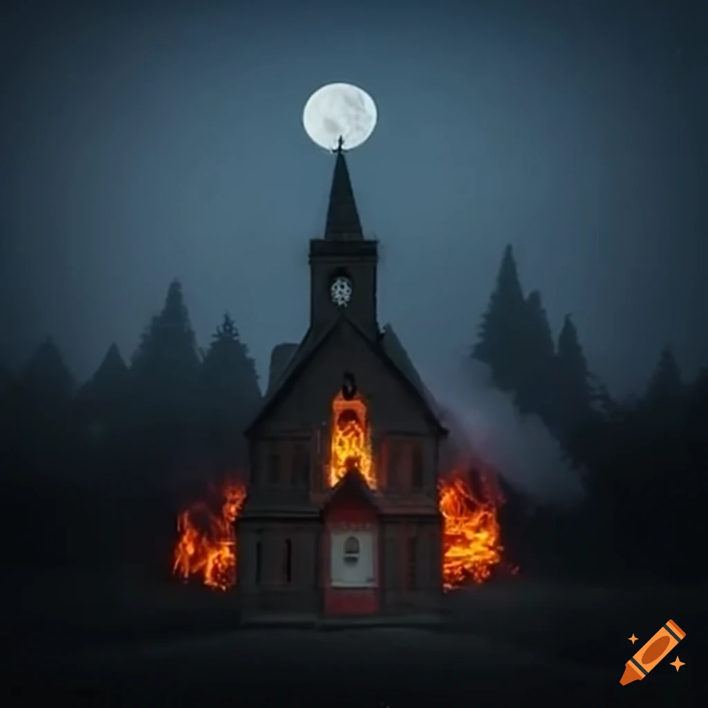 Image of a burning church under a full moon