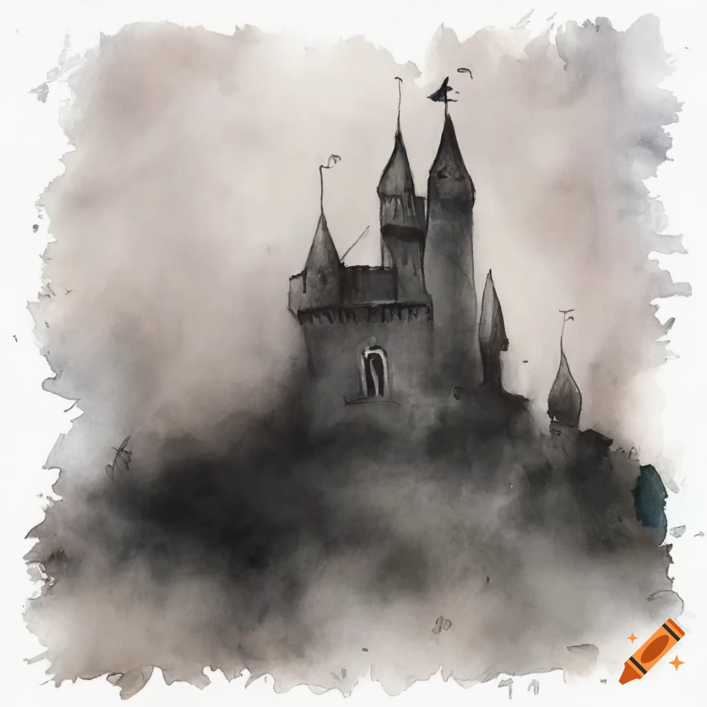 Charcoal drawing of a castle in the mist