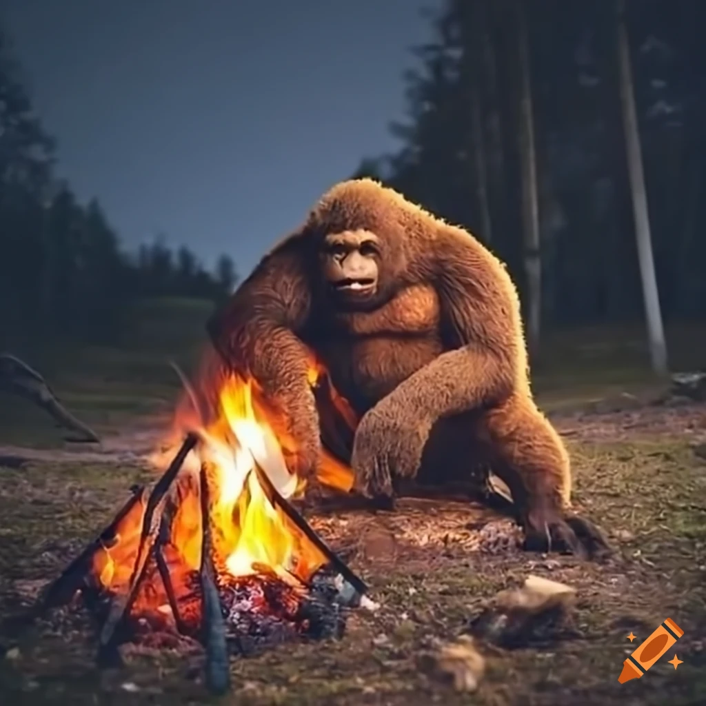 Bigfoot enjoying campfire and roasting marshmallows on Craiyon