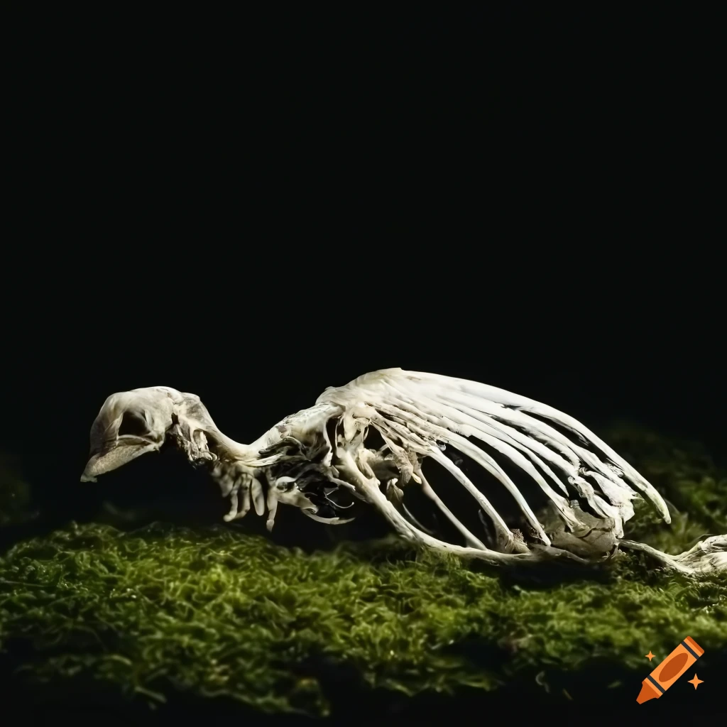 Monochrome photo of bird skeleton in moss on Craiyon