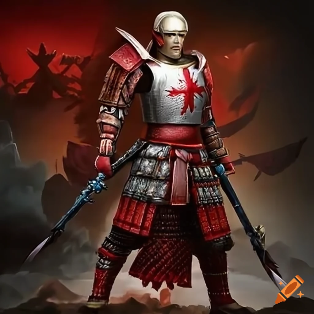 Artwork of samurai warriors and knights in battle