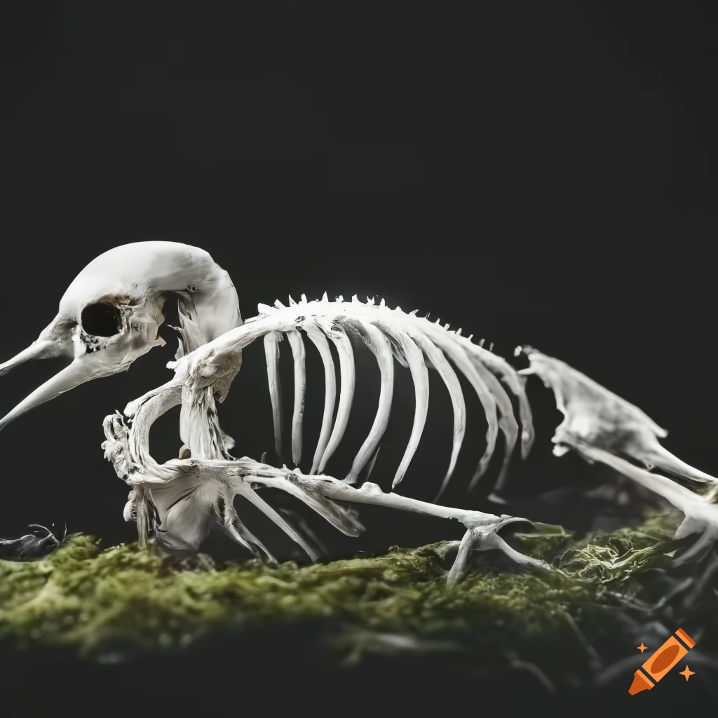 Black and white photo of a bird skeleton in moss