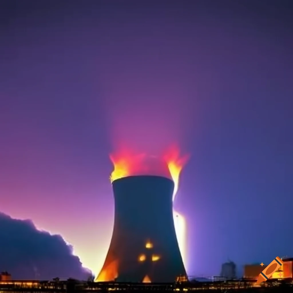 Nuclear power plant at sea with chimney and green field on Craiyon