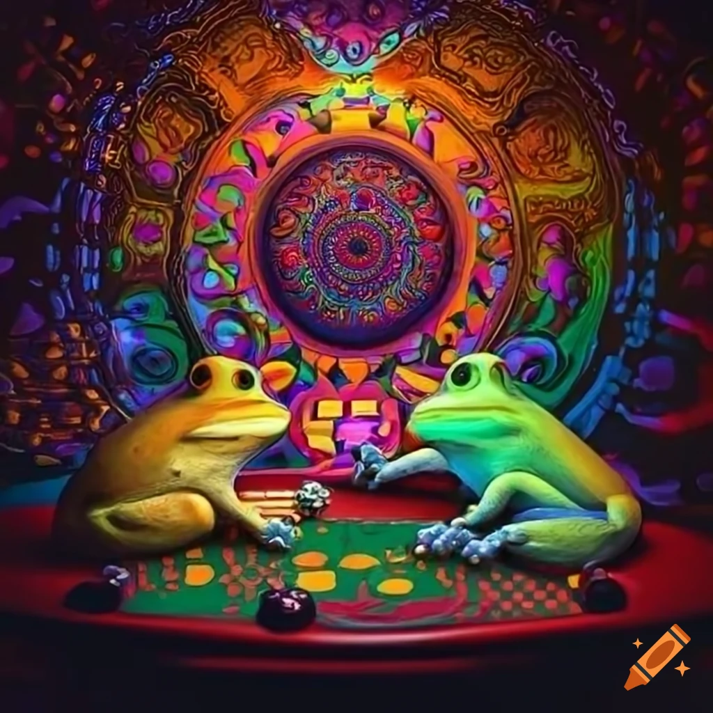 Psychedelic artwork of frogs playing poker on Craiyon