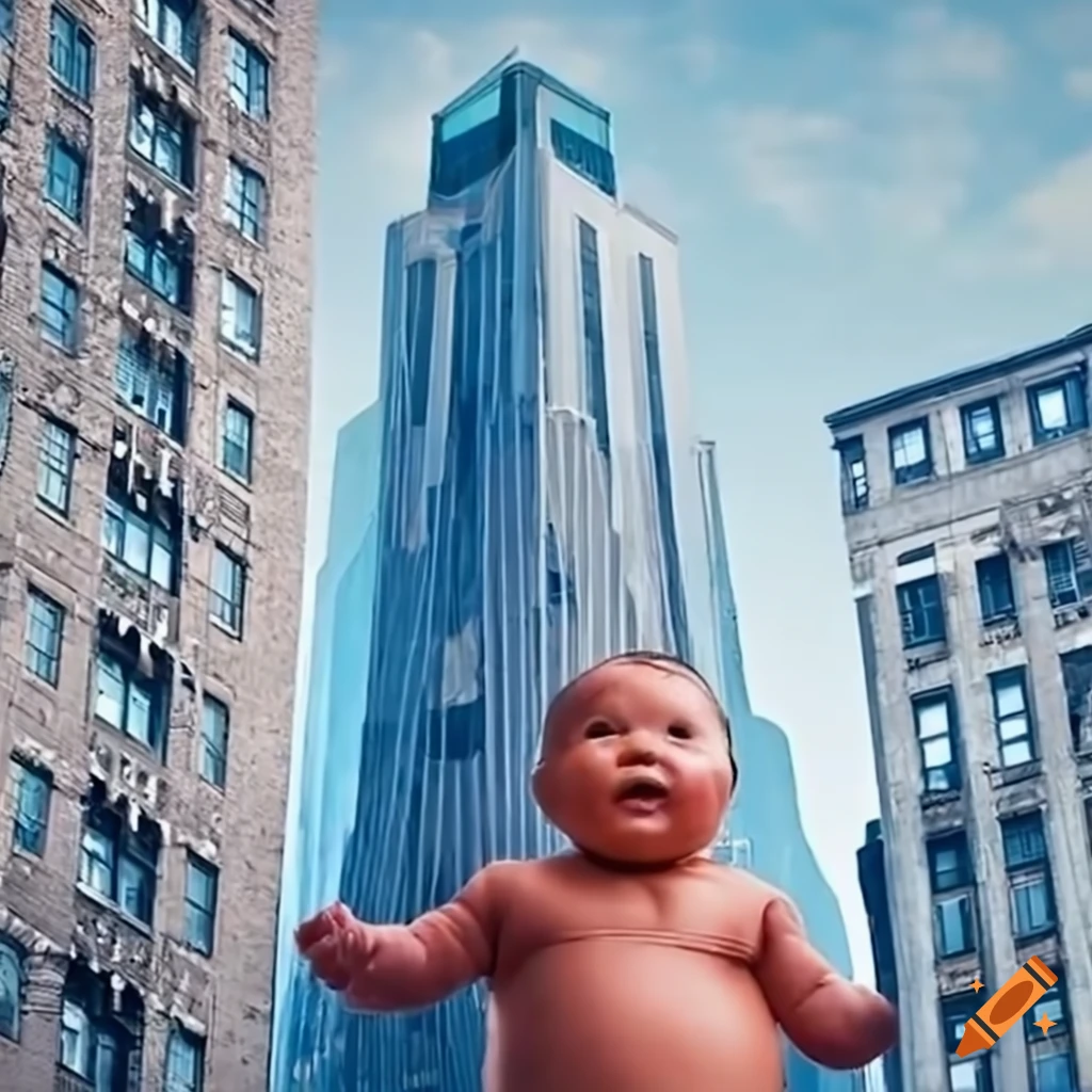 Artwork of a giant baby floating above NYC on Craiyon