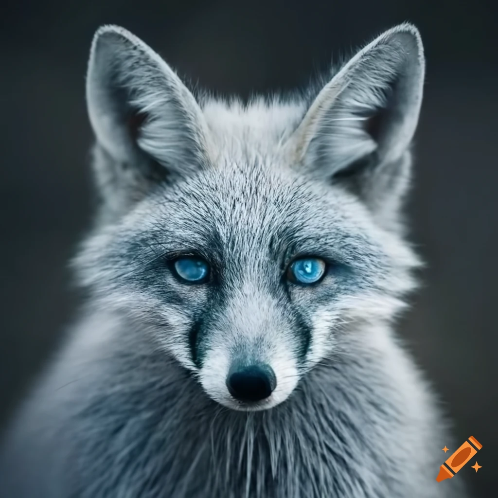 Close-up of a silver fox with blue eyes on Craiyon