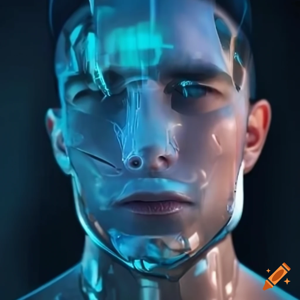 Futuristic male cyborg in transparent attire on Craiyon