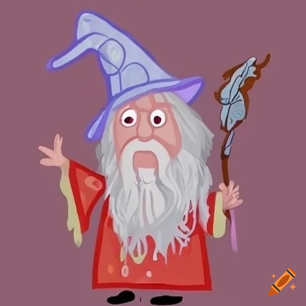 Hand-drawn portrait of an elderly elven magician with a silly giant hat ...