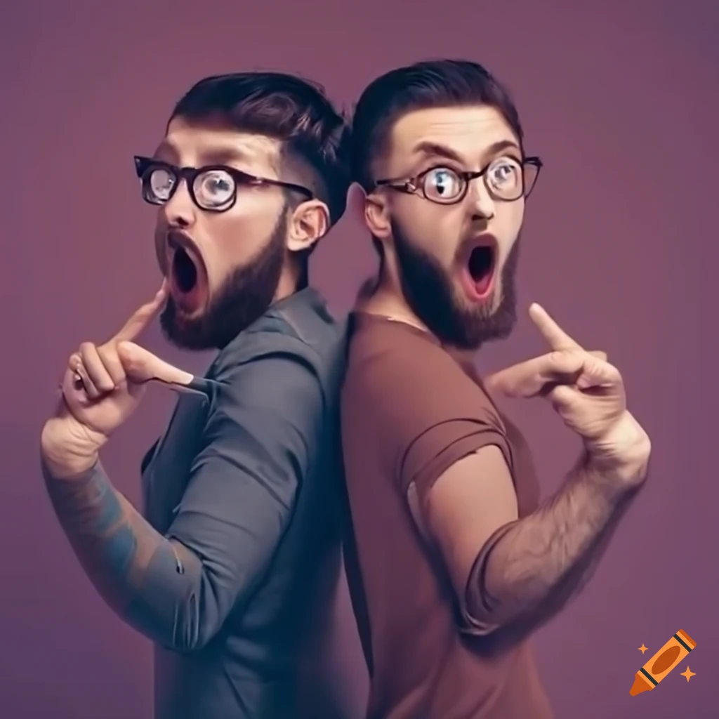 Two men with surprised expressions pointing behind them on Craiyon