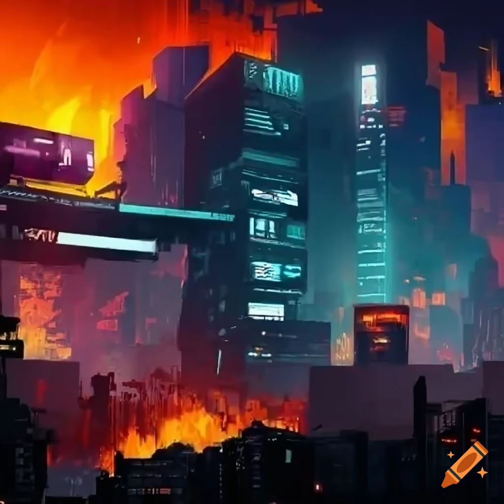 Cyberpunk city burning in flames on Craiyon