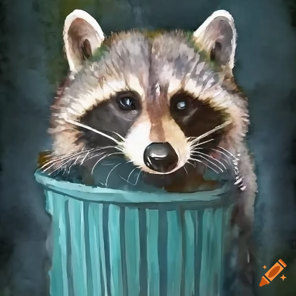 Cute raccoon exploring a trash can on Craiyon