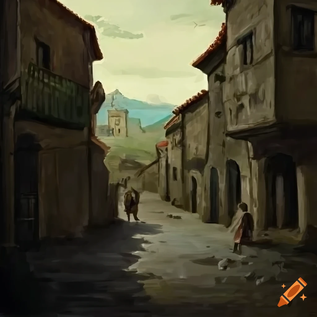 Oil painting style game with a dark rural town in galicia on Craiyon