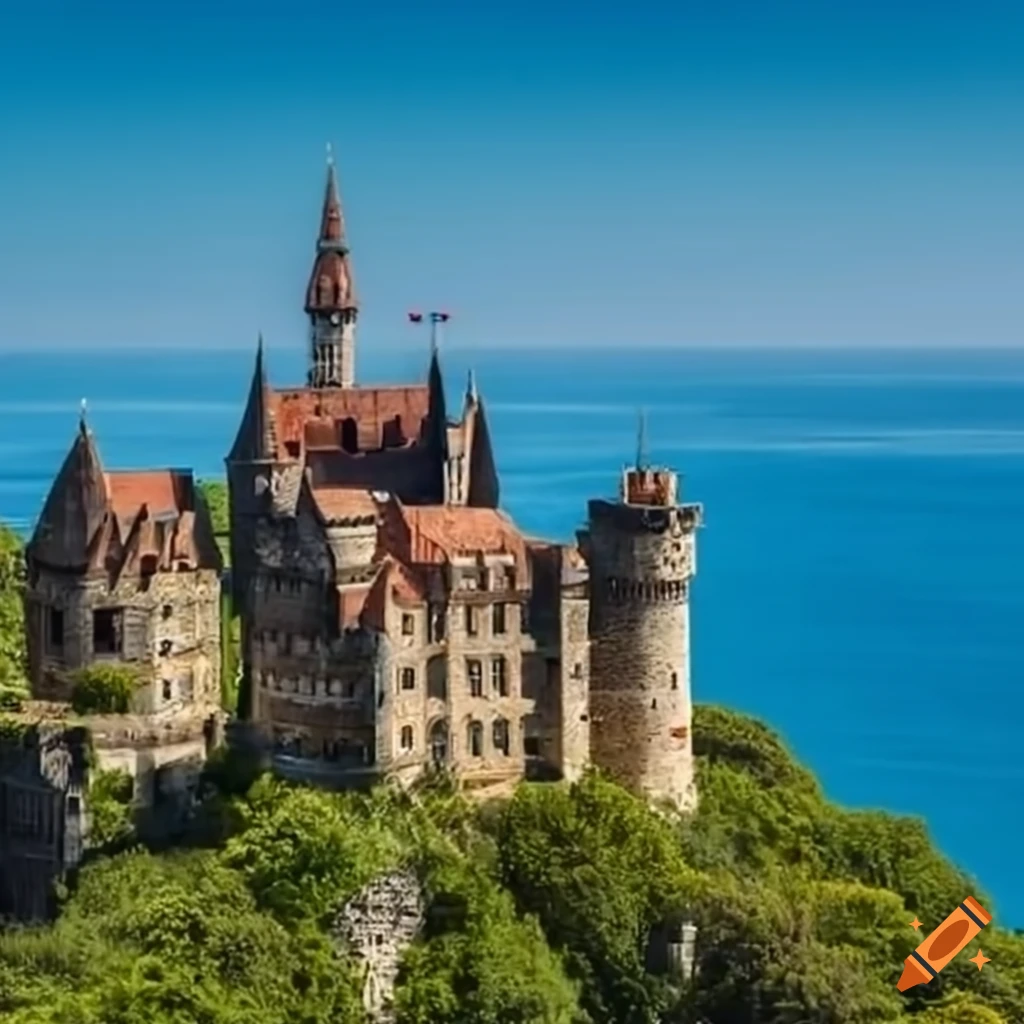 Castle on a hill overlooking a city by the sea on Craiyon