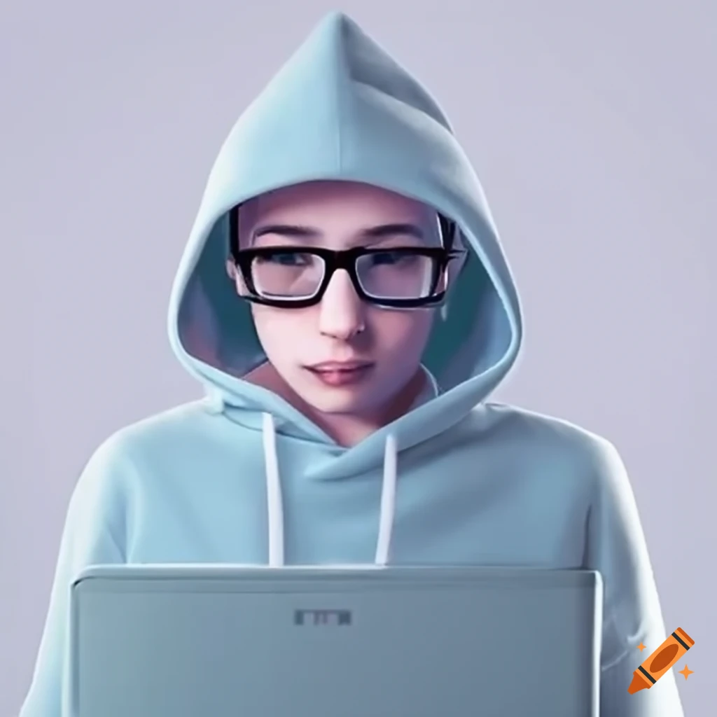Programmer Working On A Laptop In A White Hoodie And Glasses 
