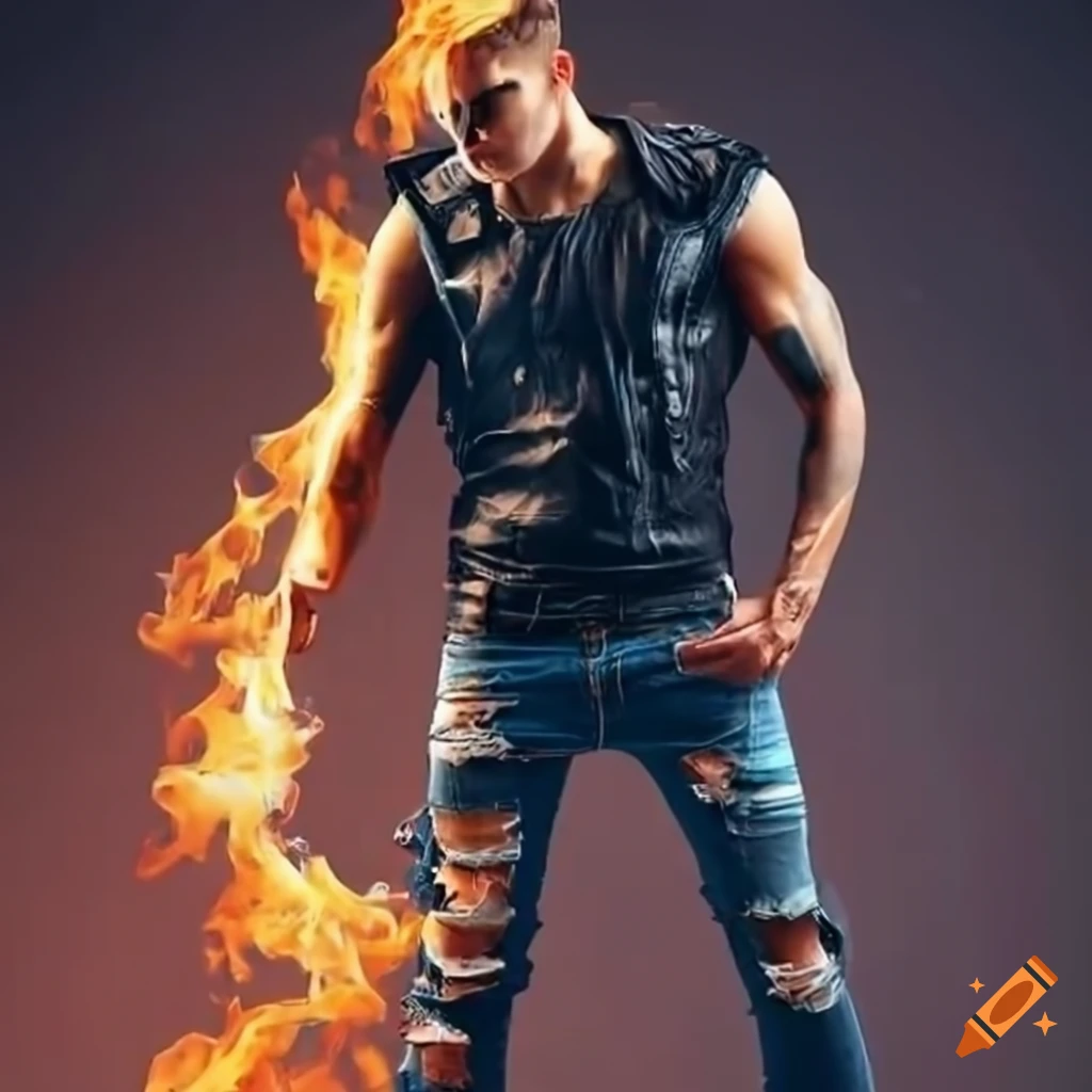 Young male biker with fire powers in action pose on Craiyon