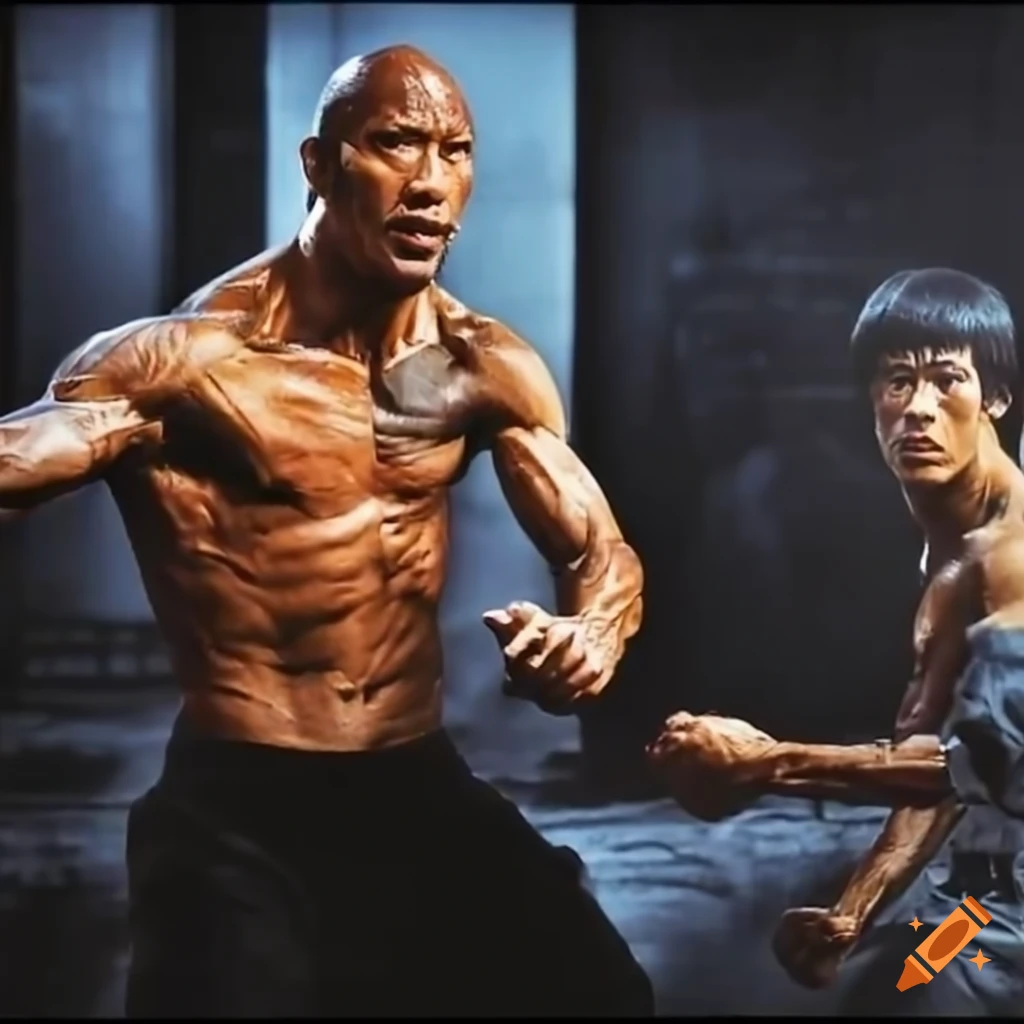 Epic battle between Bruce Lee and Dwayne Johnson on Craiyon