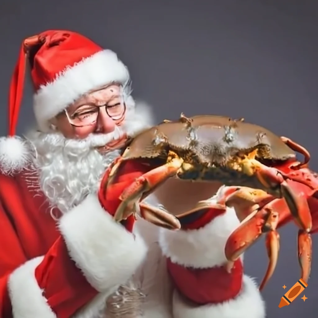 Santa eating a giant flying red crab in the snow on christmas on Craiyon