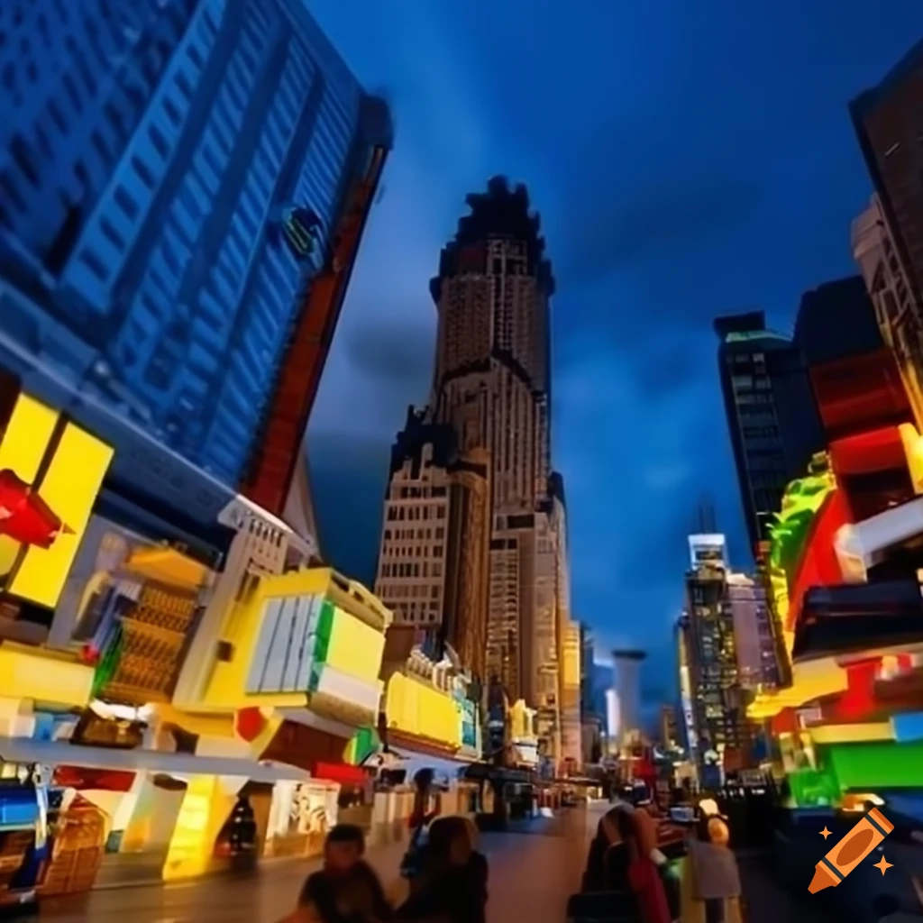 Vibrant lego cityscape with flying cars on Craiyon