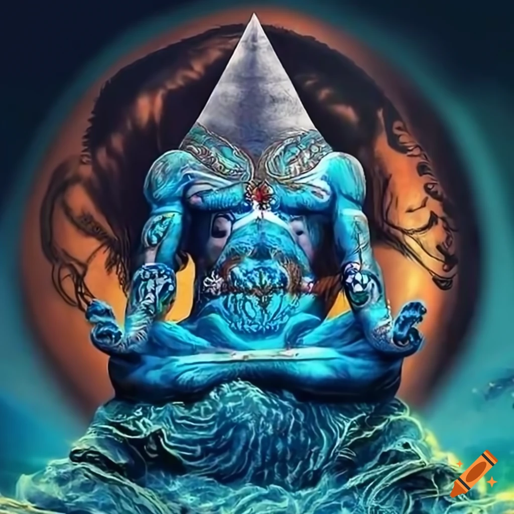 Artwork of a mystical tiger god meditating on a pyramid on Craiyon