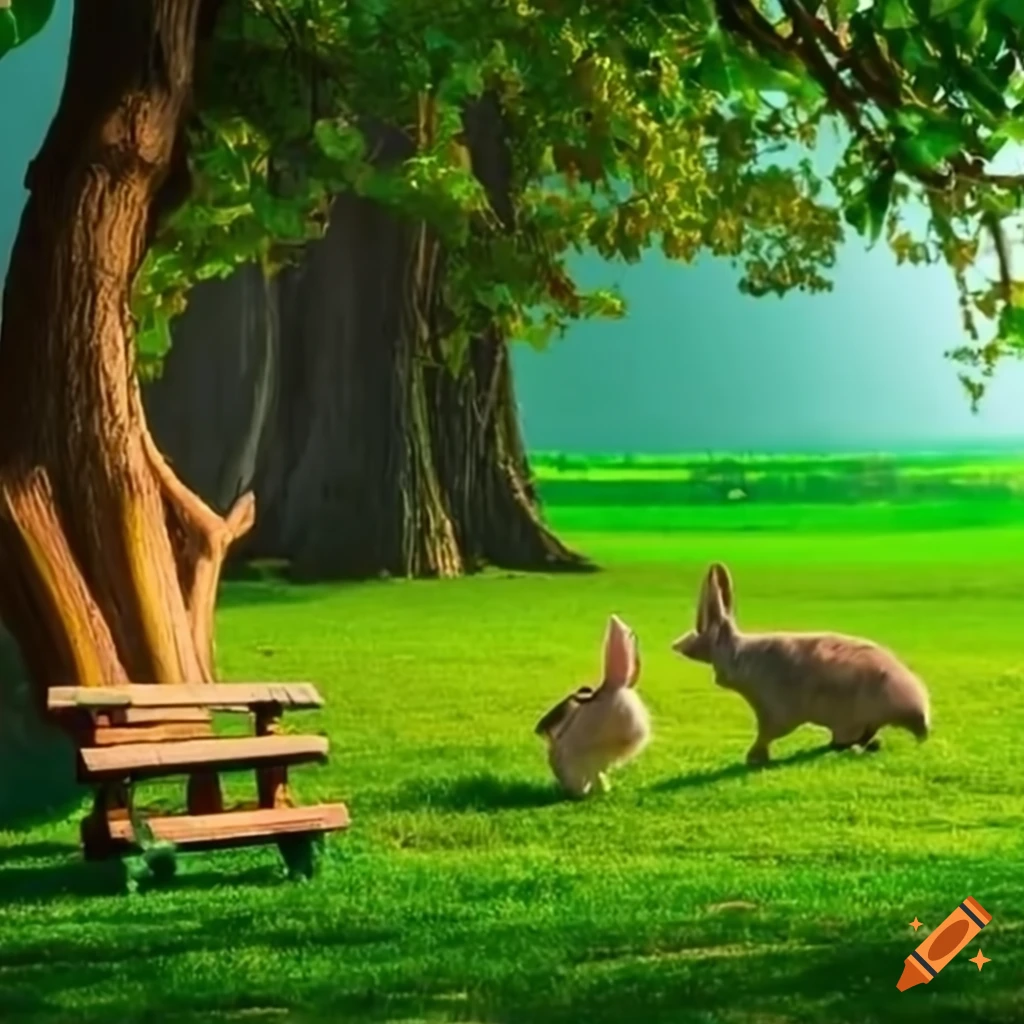 Bench under a fruit tree with playful rabbits on Craiyon